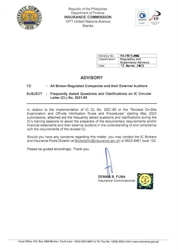 IC Advisory No. RS2023-006 FAQs and Clarifications on IC CL No. 2021-65 | Grant Thornton