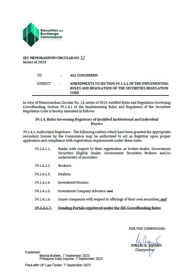 Summary of SEC Memorandum Circulars: Amendments and Clarifications to Securities Registration ...