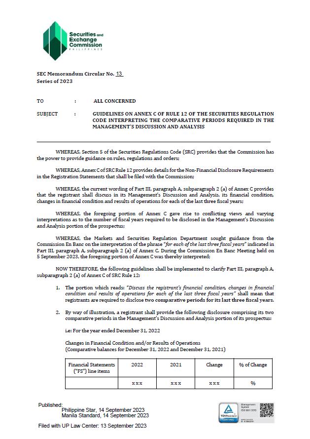 Summary of SEC Memorandum Circulars: Amendments and Clarifications to Securities Registration ...