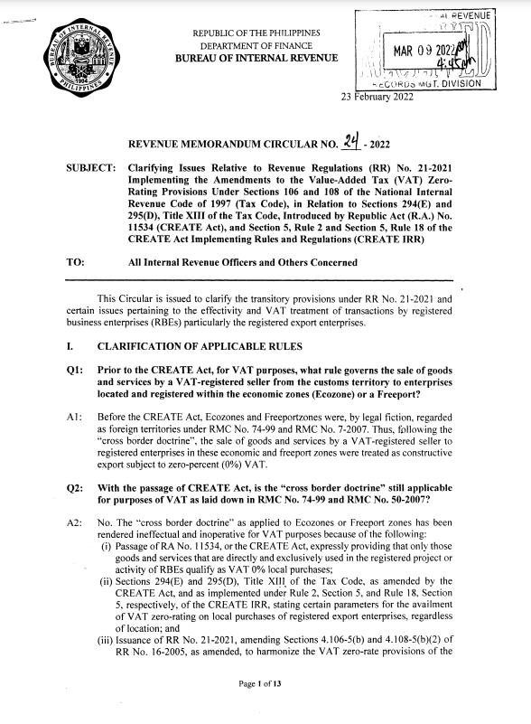 Clarifications On The Vat Rules For Registered Business Enterprises Rbes Under The Create Law